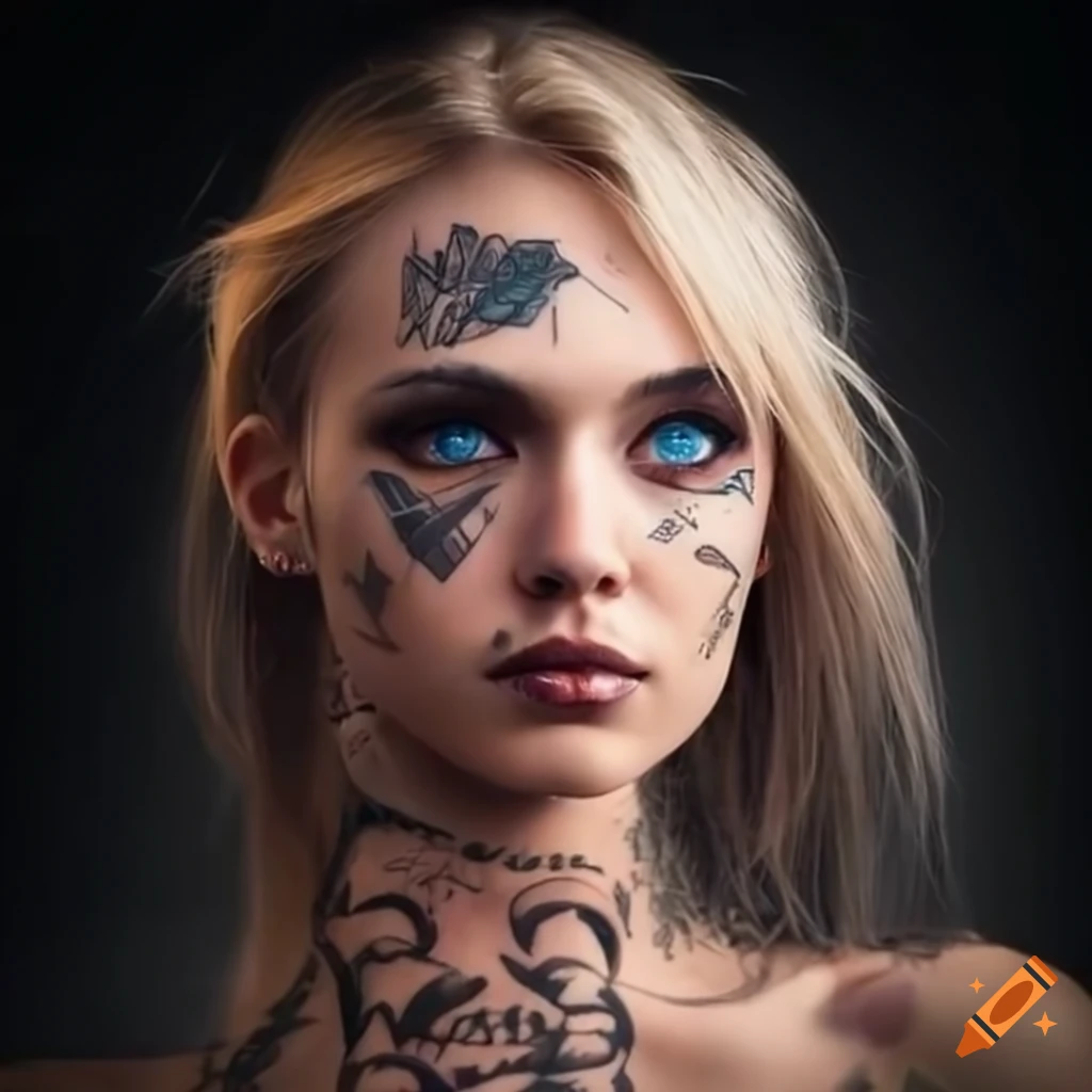 Blonde woman with blue eyes and rune tattoos wearing chain armor on Craiyon