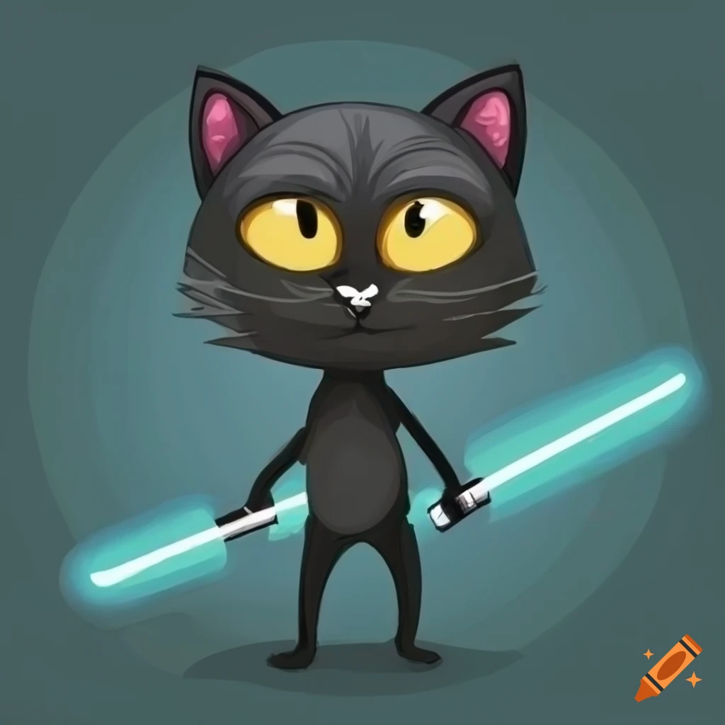 Black cat with lightsaber in cartoon style on Craiyon