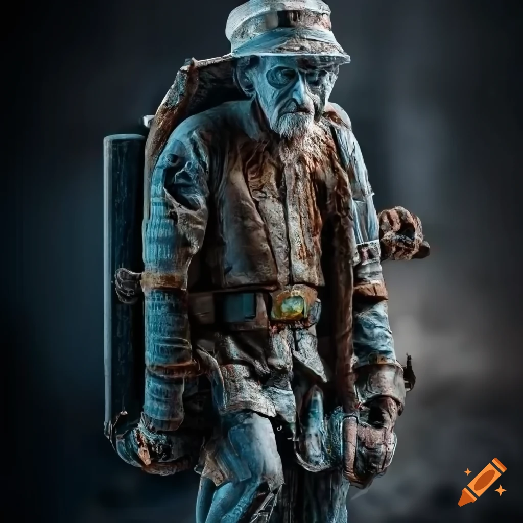 Highly detailed image of an elderly male android with damaged and ...