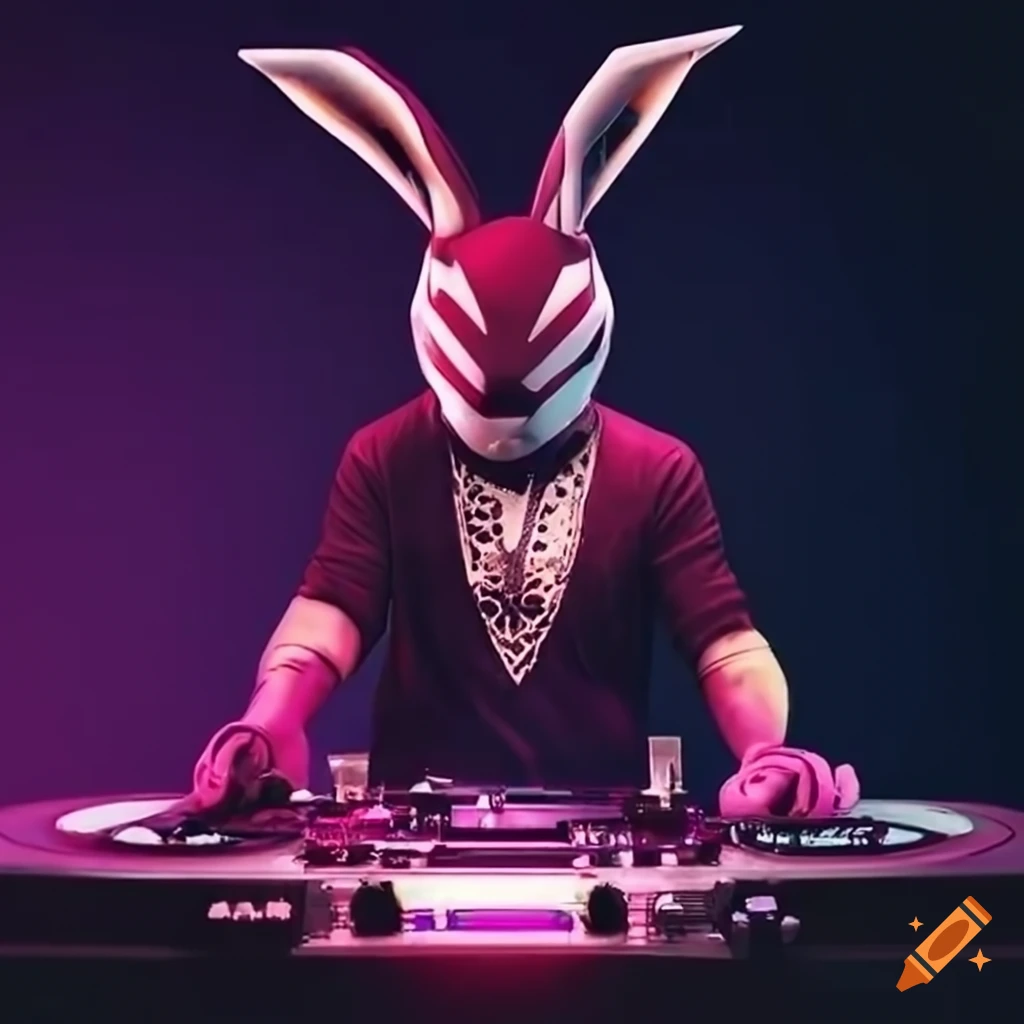 Intricately detailed rabbit-themed Power Ranger DJing in a full club on ...