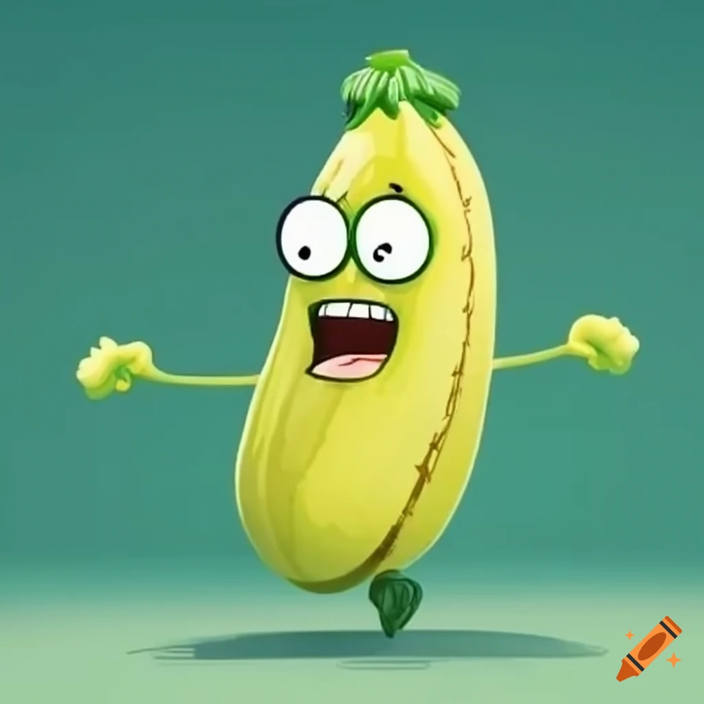 Cartoon zucchini sprinting in a fun scene on Craiyon