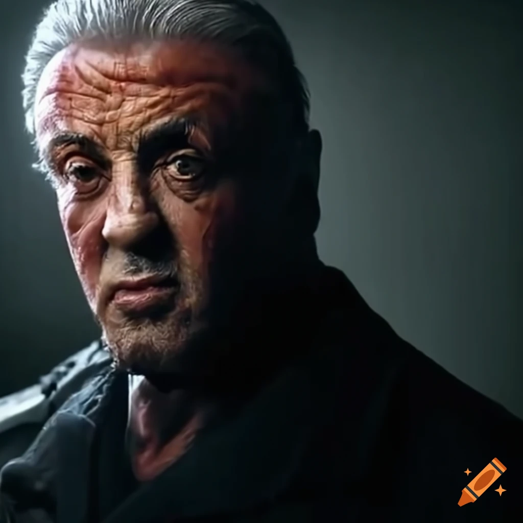 Old man with a Sylvester Stallone resemblance as futuristic soldier in ...
