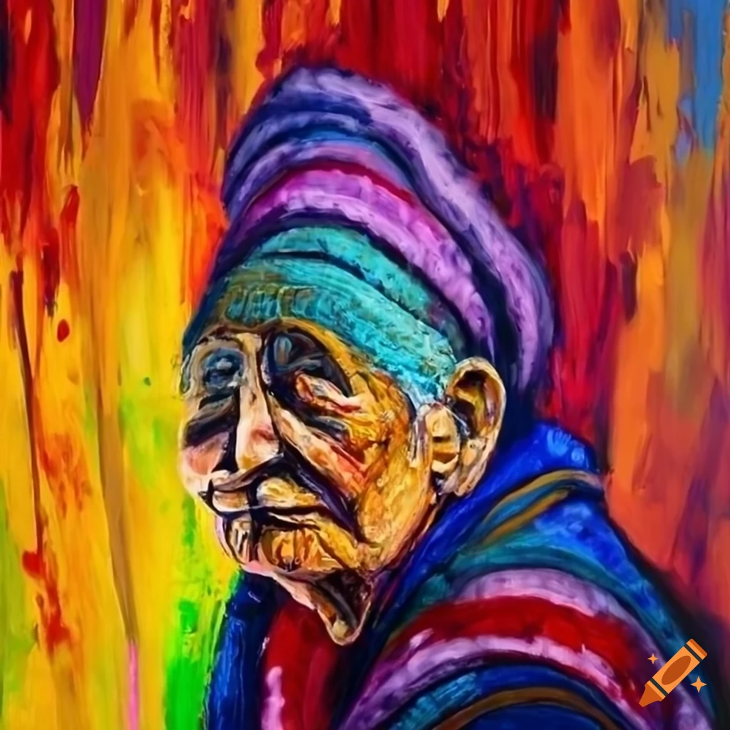Abstract painting of an elderly indigenous grandmother in rainbow ...