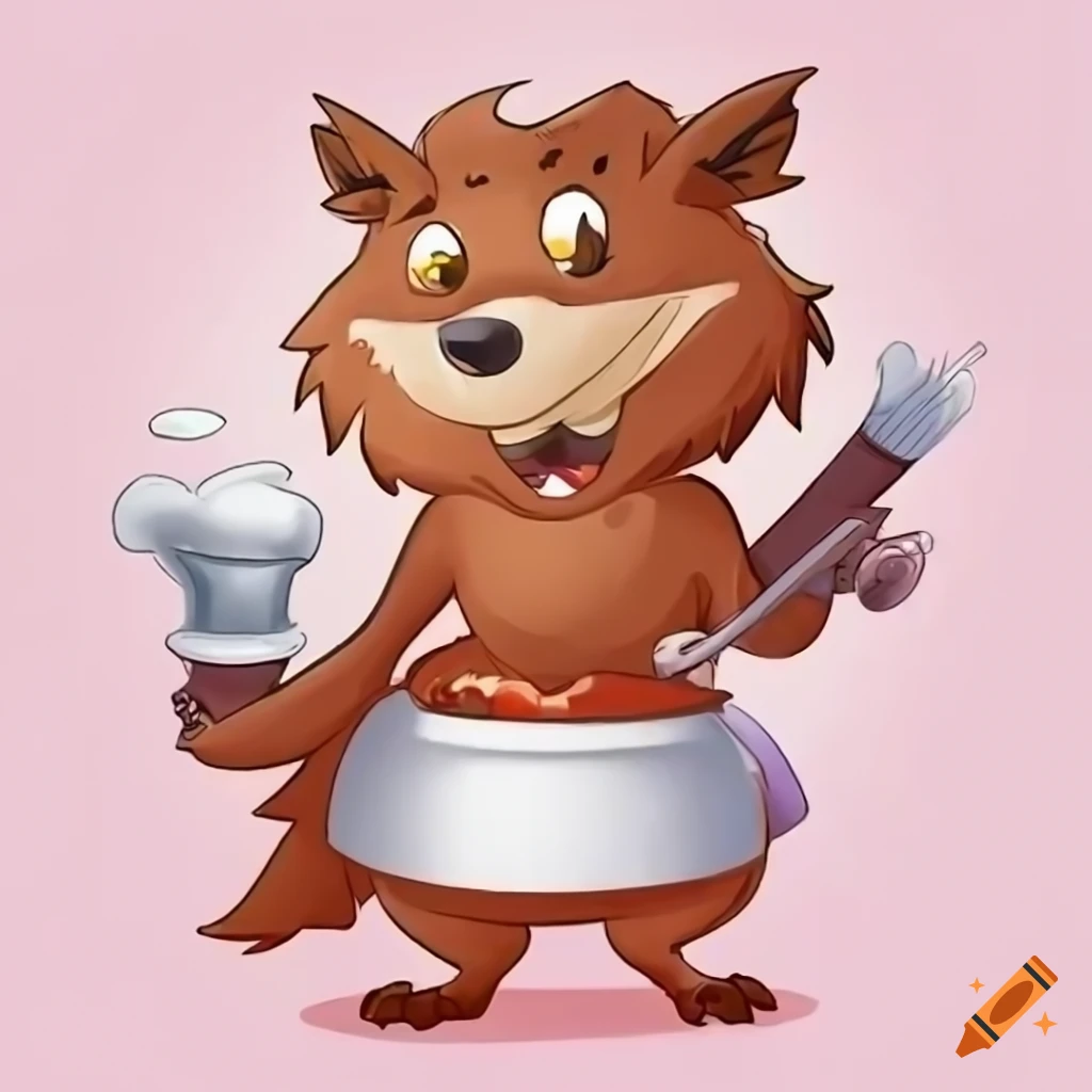 Cartoon lovely wolf cooking on Craiyon