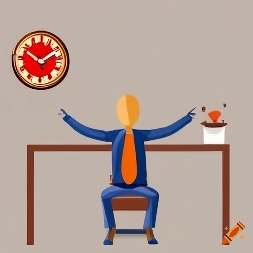 Person rising from chair and stretching arms with a clock on table on ...