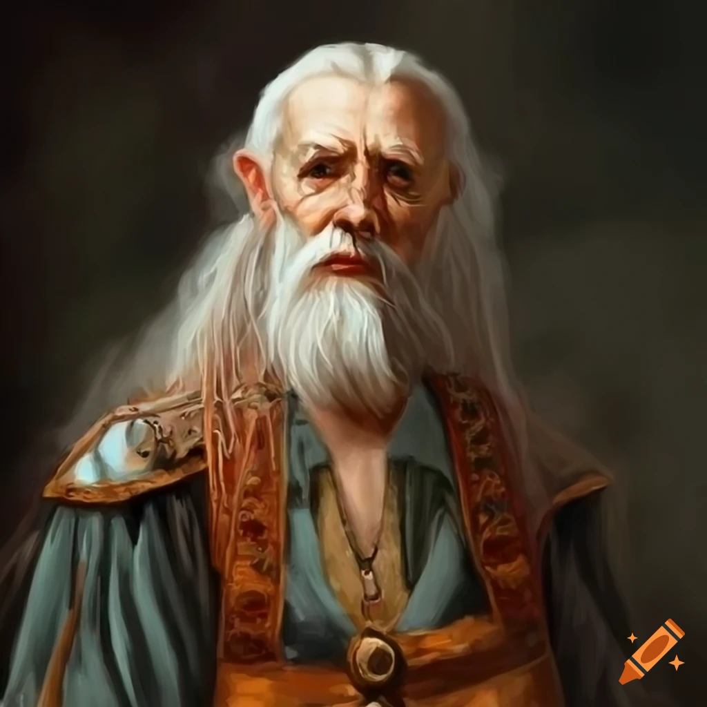 Detailed painting of a wise, bearded fantasy character in a mystical ...