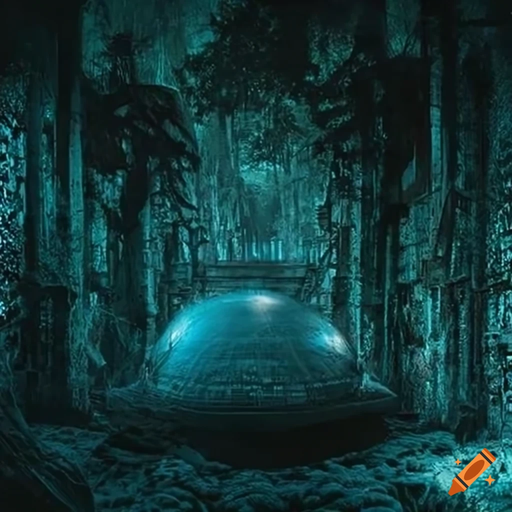 Futuristic prison with laser dome in forest setting on Craiyon