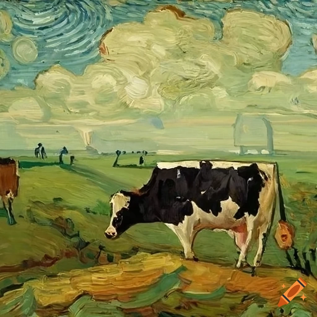 Grazing cows in a serene dairy farm landscape by Van Gogh on Craiyon