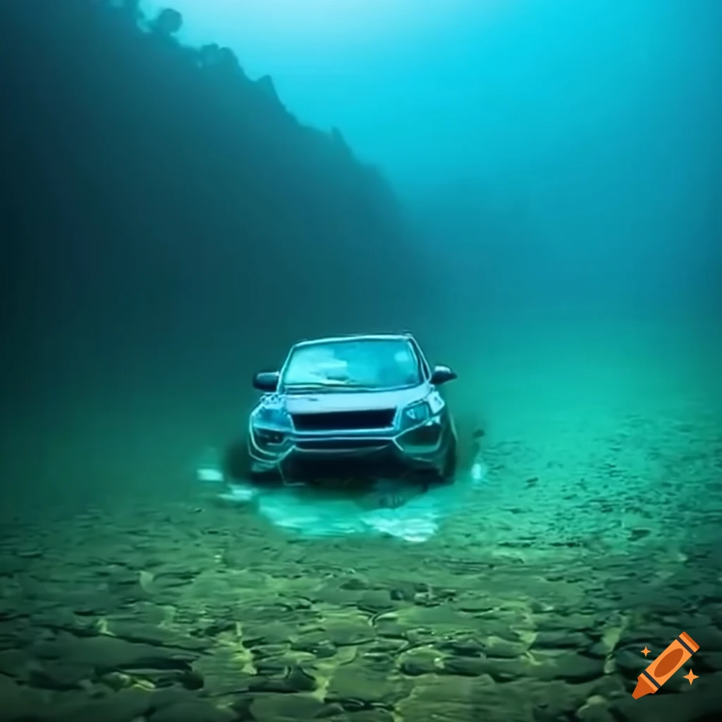 Submerged car driving at the bottom of a lake on Craiyon