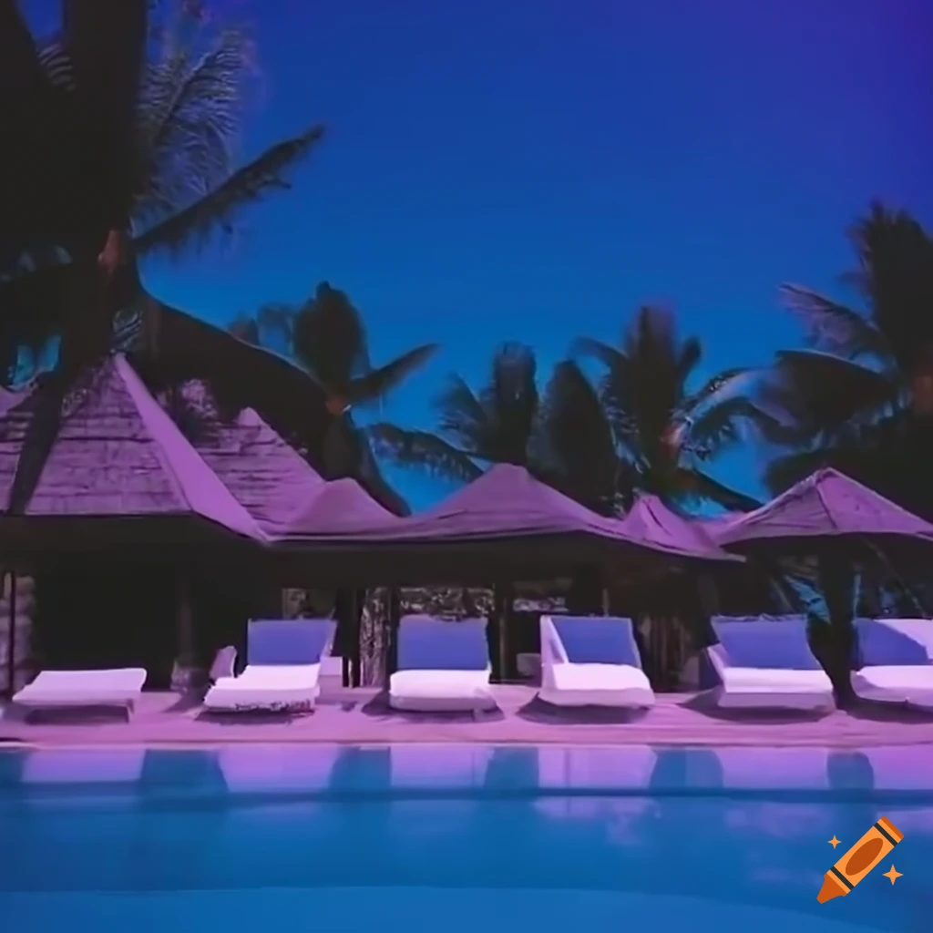 Liminal space inspired 5 star beach resort with VHS style filter on Craiyon