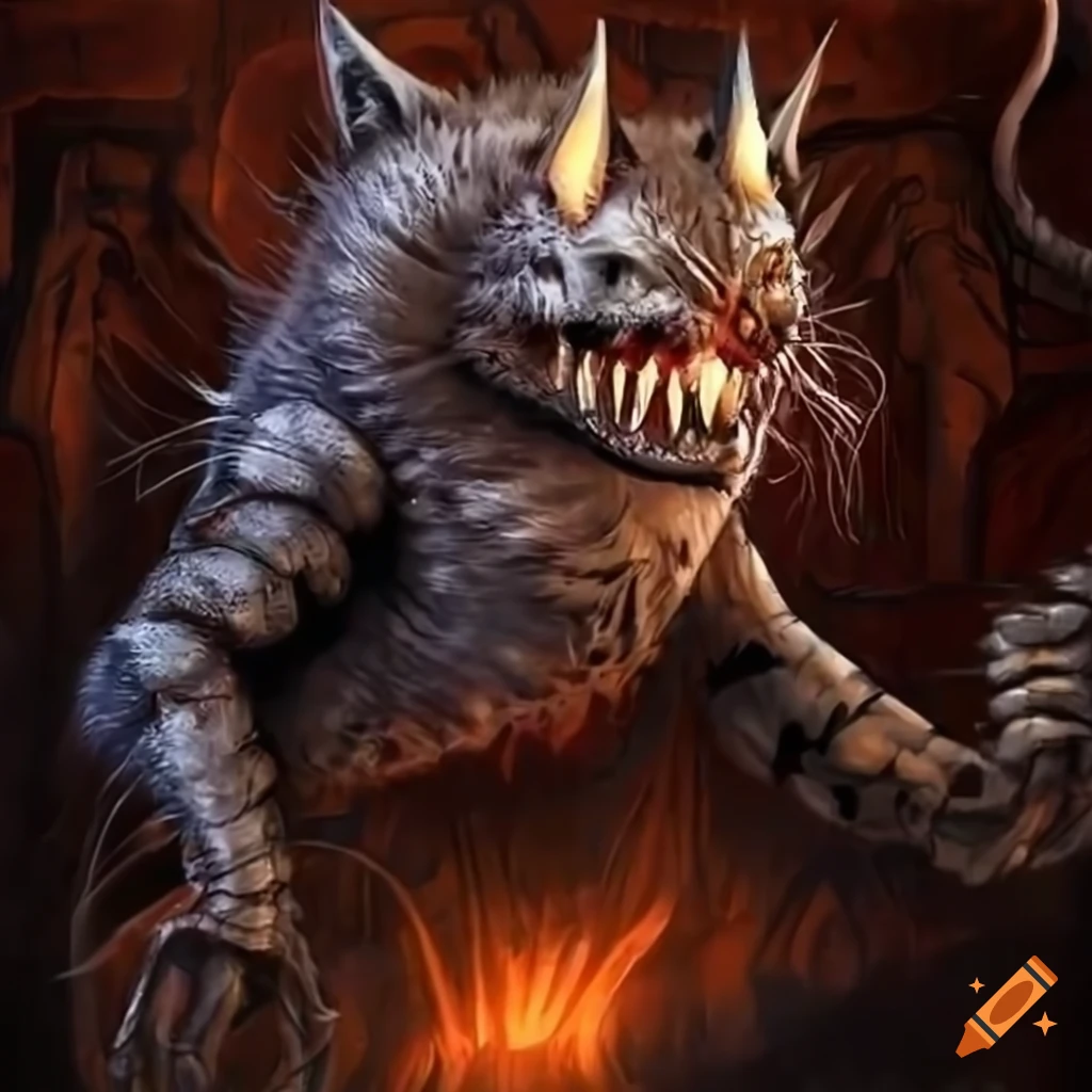 Metal cat beast with serrated claws, orange eyes, and drooling fangs on ...
