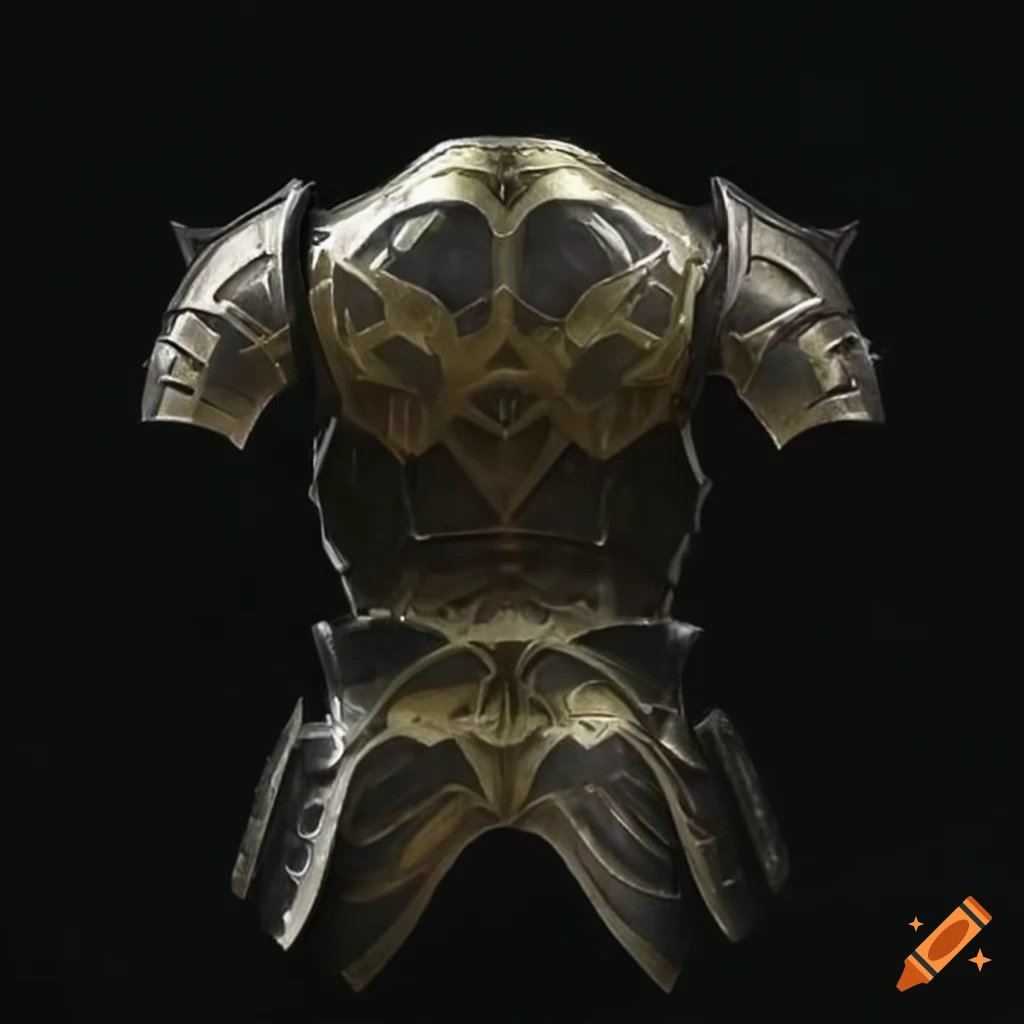 Close-up view of ornate heavy body armor in the front on Craiyon