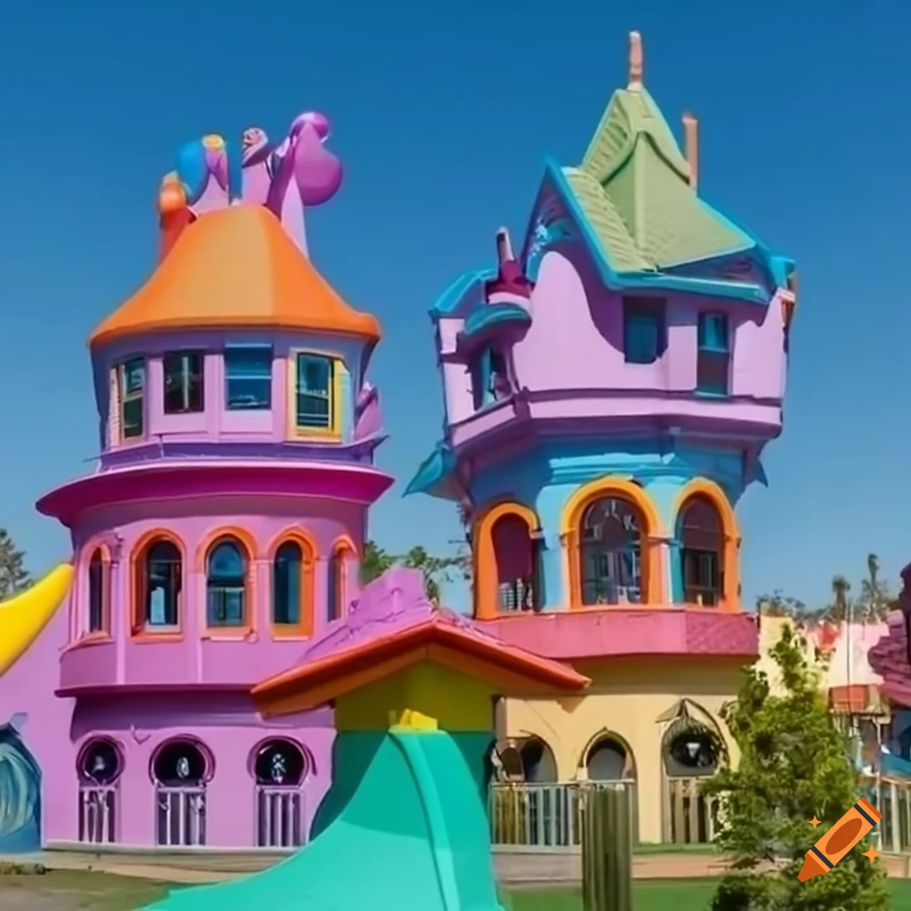 Colorful houses and life-sized pony figures in an mlp theme park on Craiyon