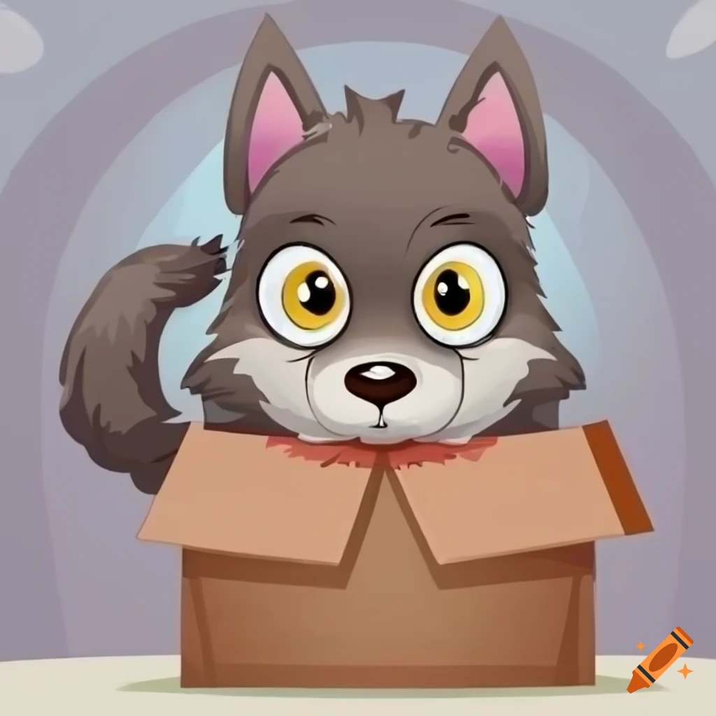 Young cute wolf hiding behind a box in a cartoon on Craiyon