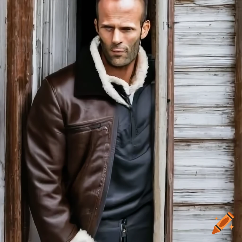 Actor resembling young Jason Statham in sheepskin bomber jacket and ...