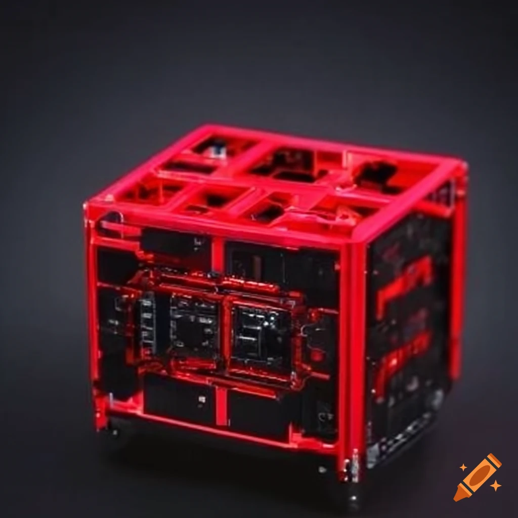 Red cybernetic robot cube on Craiyon