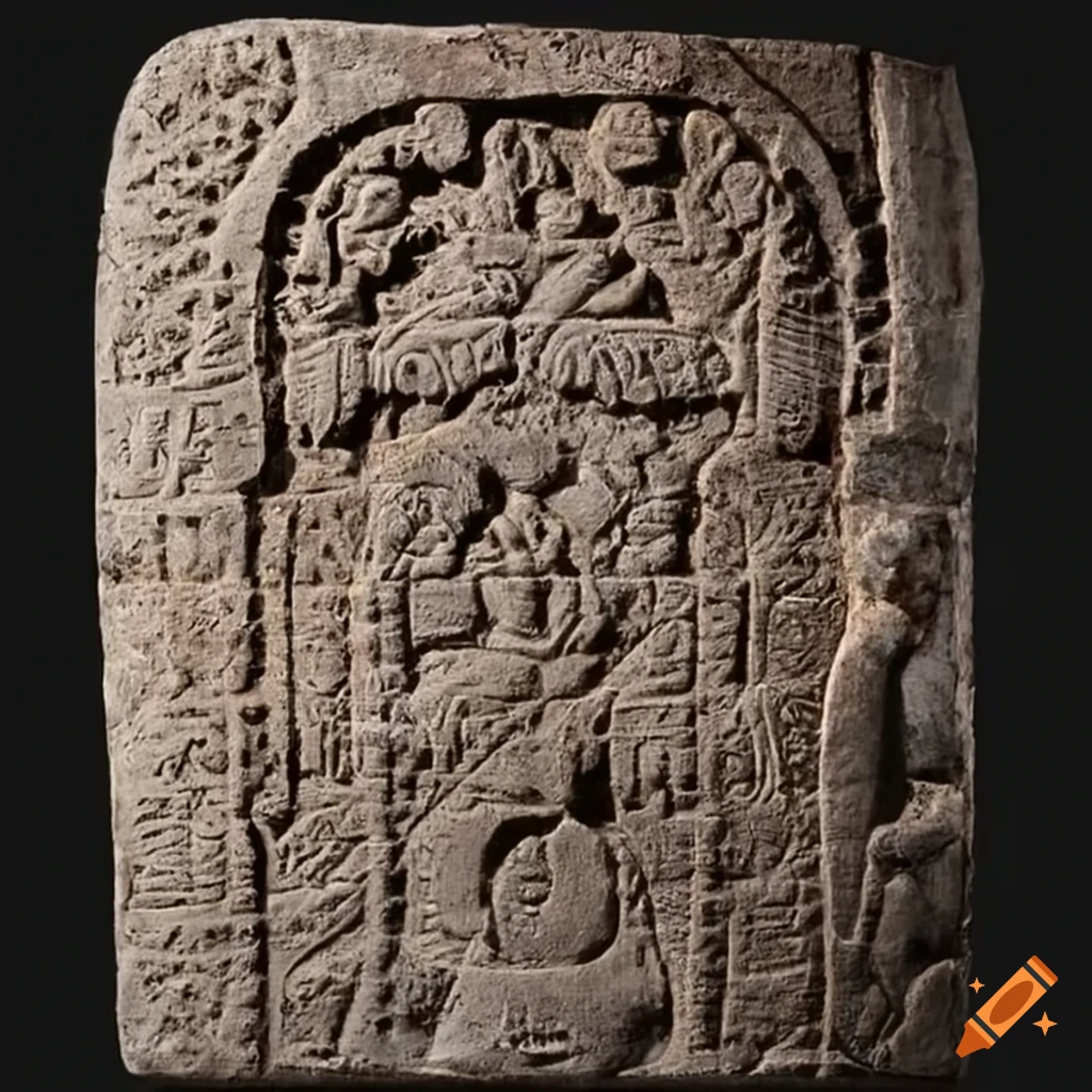 Ancient stone tablet showing a complicated ritual on Craiyon