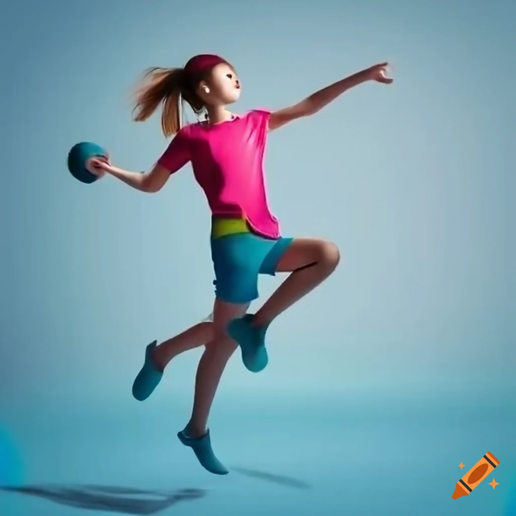 Dynamic scene of a creative girl playing handball in bright attire on ...