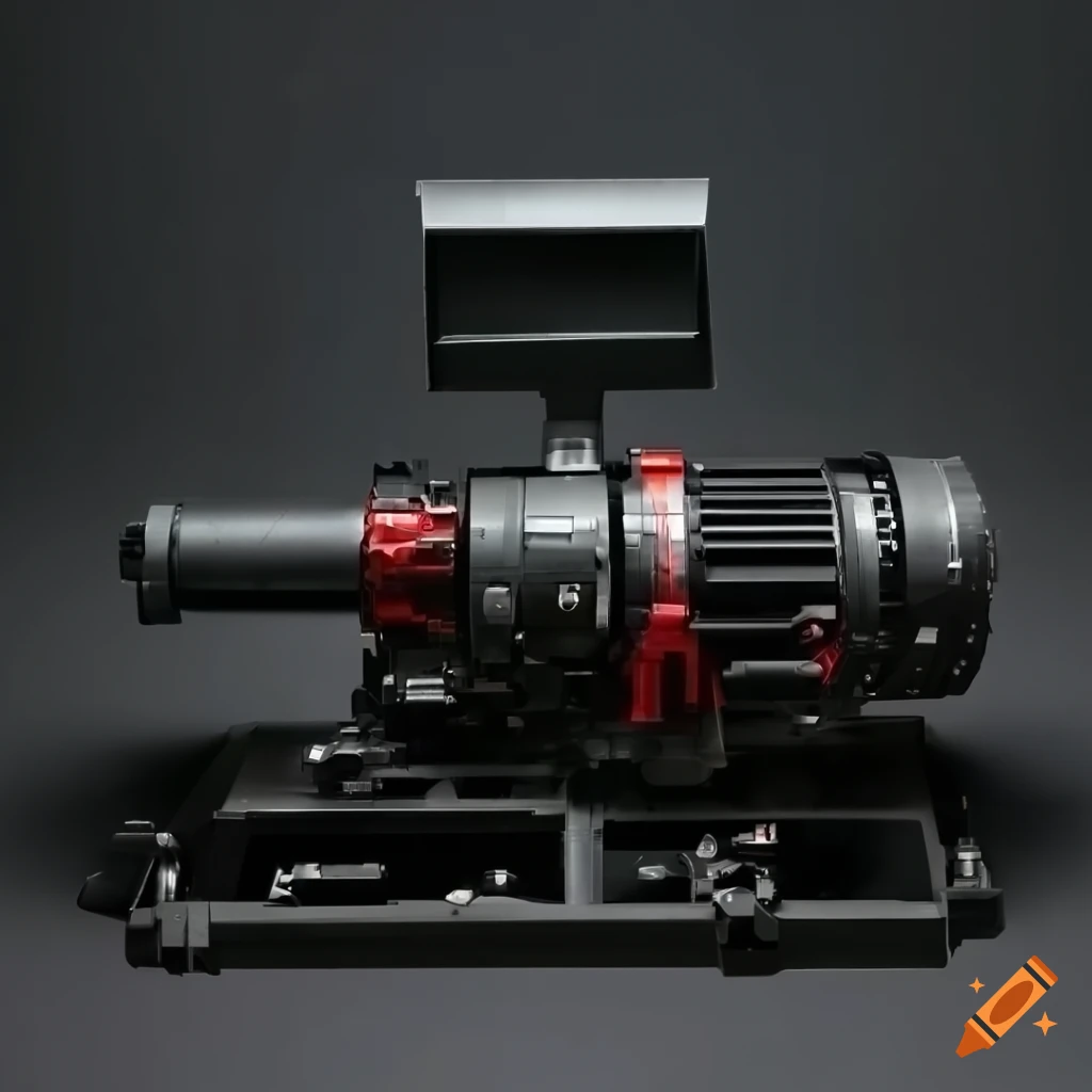 Cybernetic red minigun turret on plain background on Craiyon