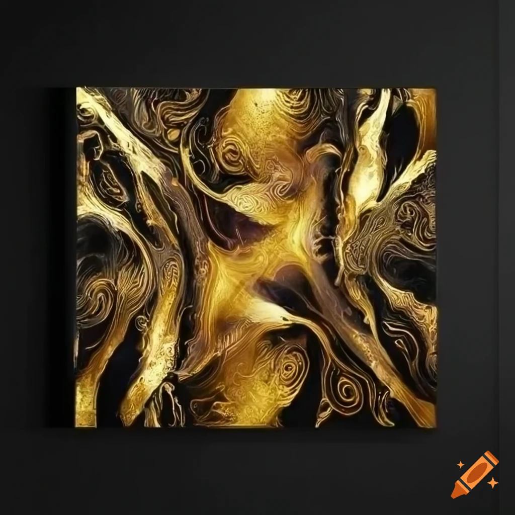 Intricate gold designs on a black canvas in stunning abstract artwork on Craiyon