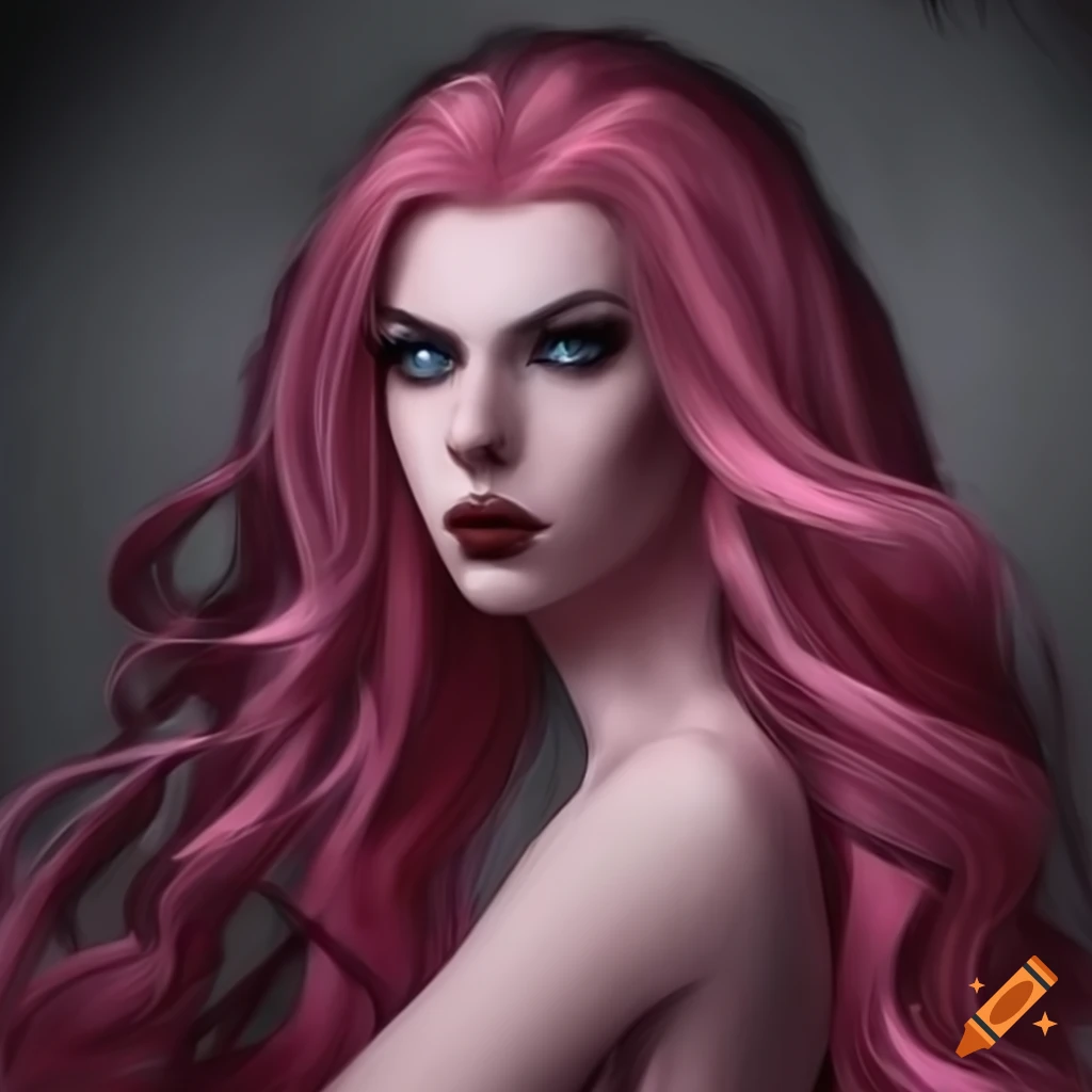 Female elf with pink hair, blue eyes, and black gown in a fantasy ...