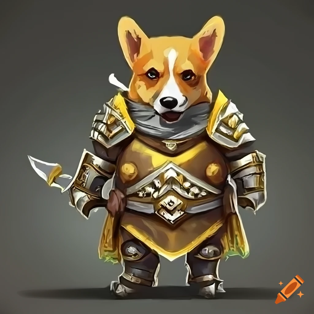 Yellow corgi DND cleric in heavy armor on Craiyon
