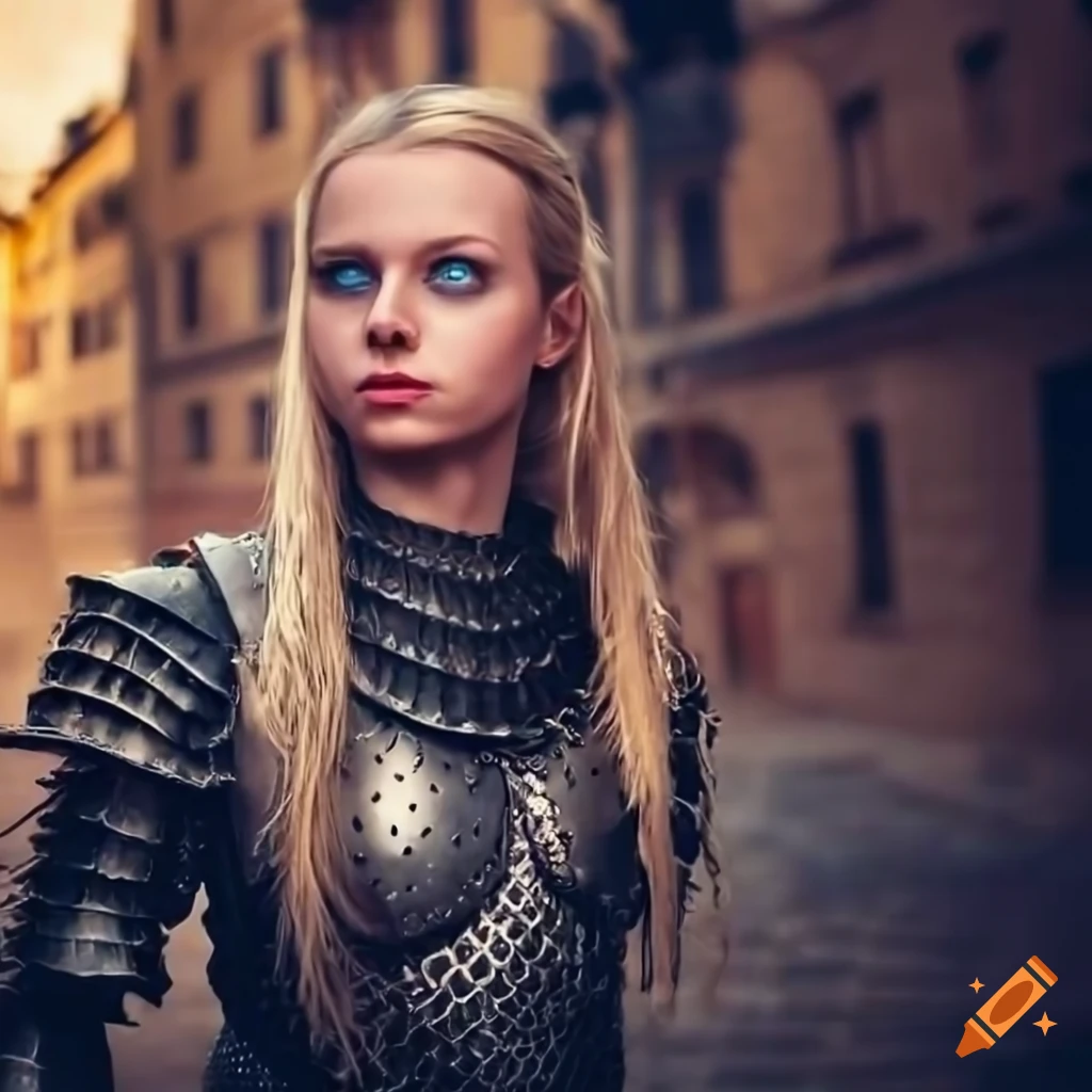 Blonde woman in black chain armor standing in a medieval city street on ...