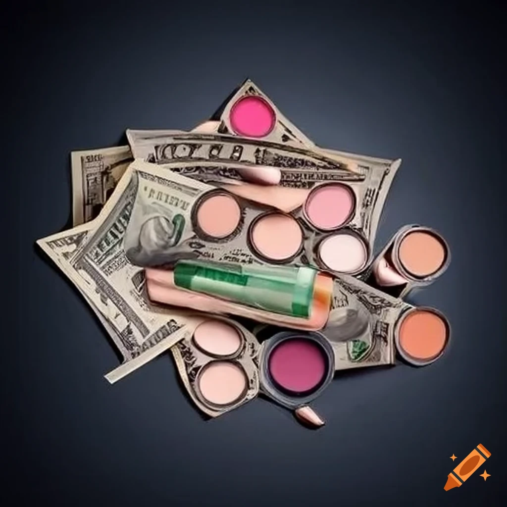 Makeup products surrounded by cash on Craiyon