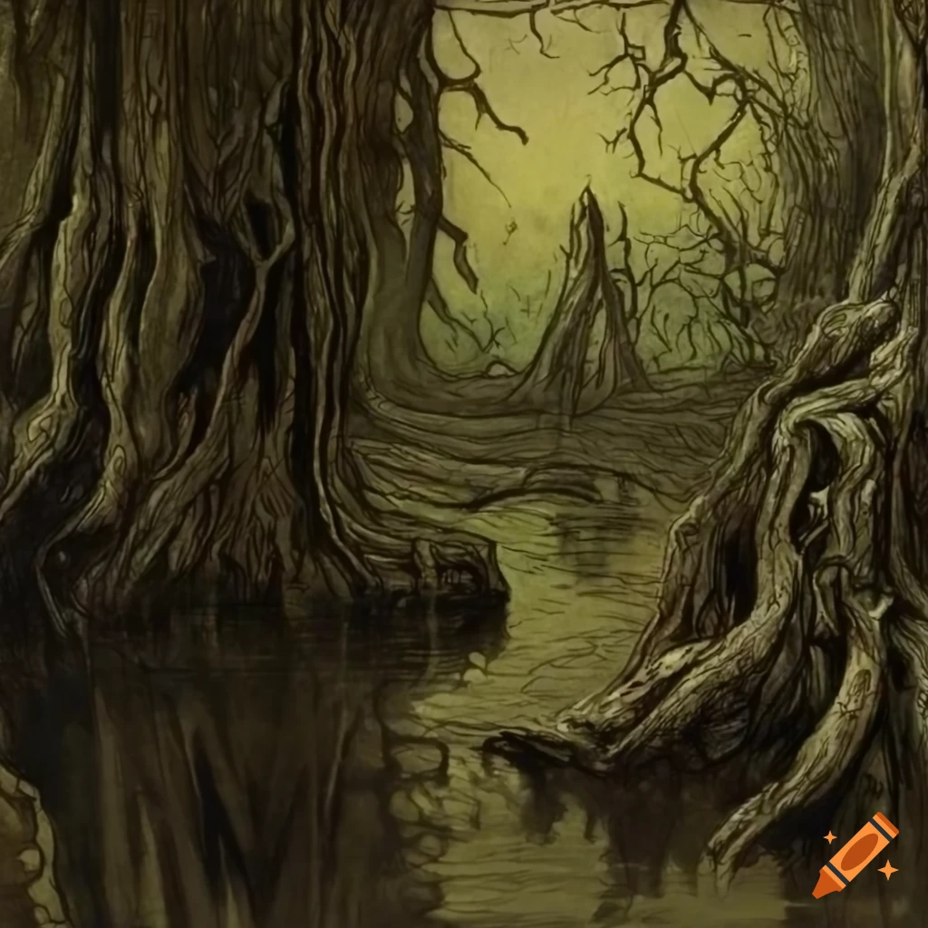 Detailed overgrown decaying swamp with twisted trees in the style of ...