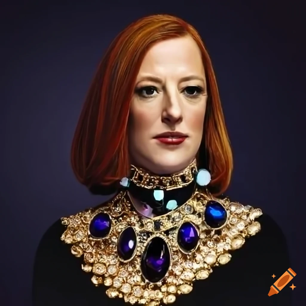 Jen psaki in a black and gold qipao with jeweled embellishments on Craiyon