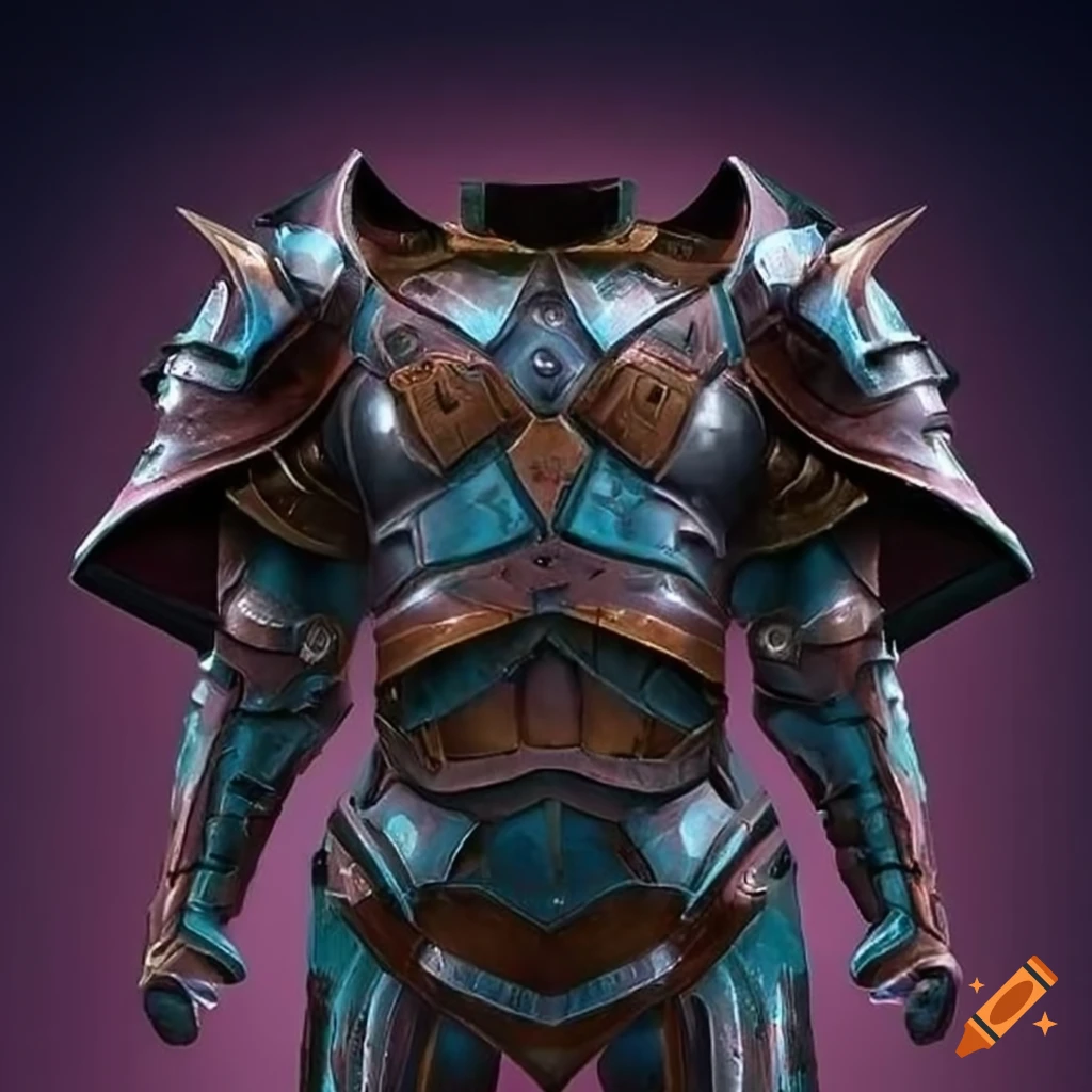 Close-up of heavily armored magic body armor from the front view on Craiyon