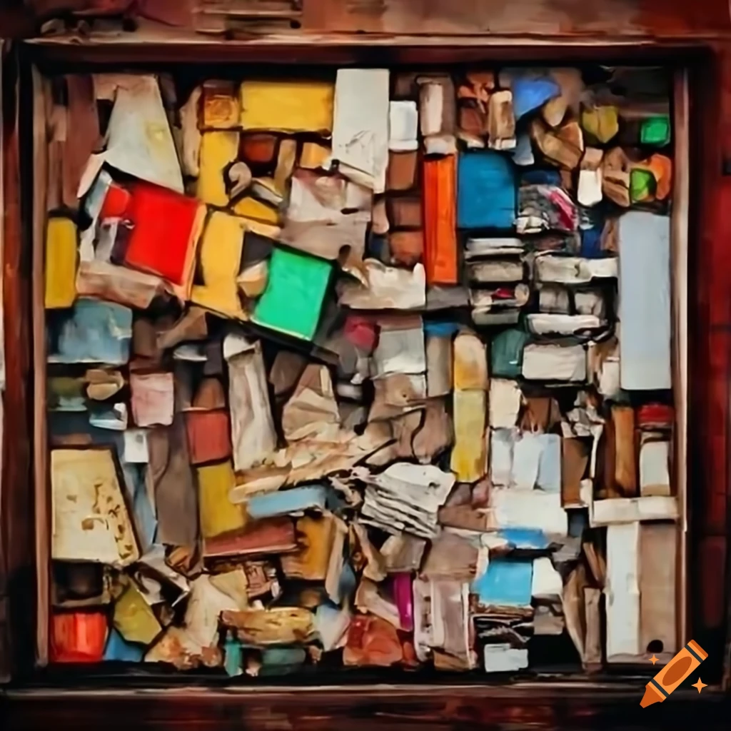 Painting of a crowded junk drawer from above on Craiyon