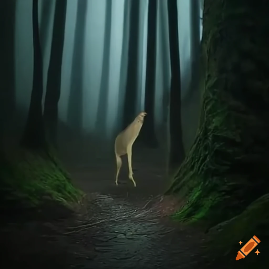 Mysterious elongated creature in a dark forest path through the ...