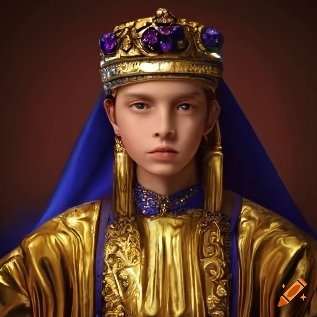 Portrait of a regal young ruler on a golden throne in ancient religious ...