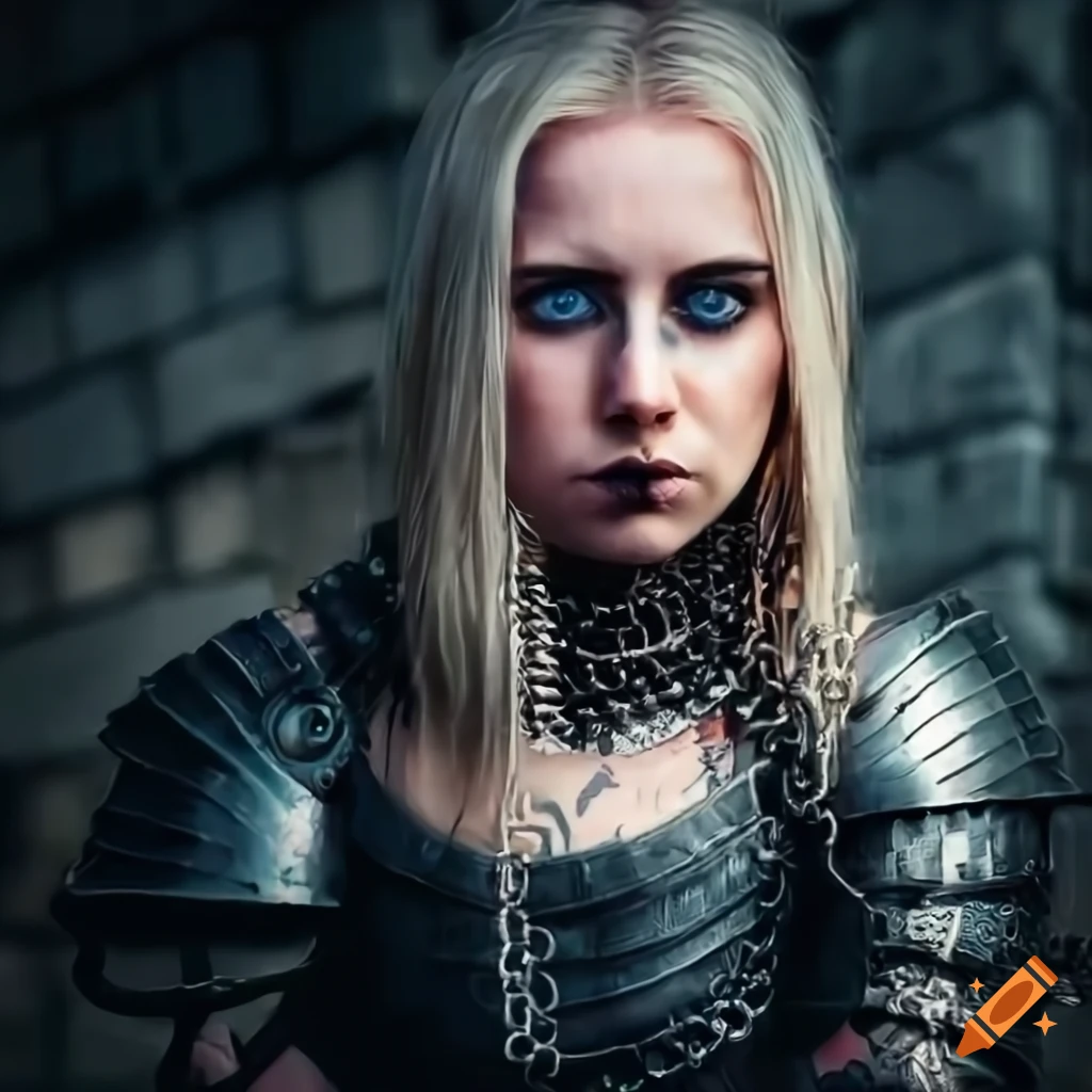 Blonde woman with blue eyes and mystical face tattoos in black chain ...