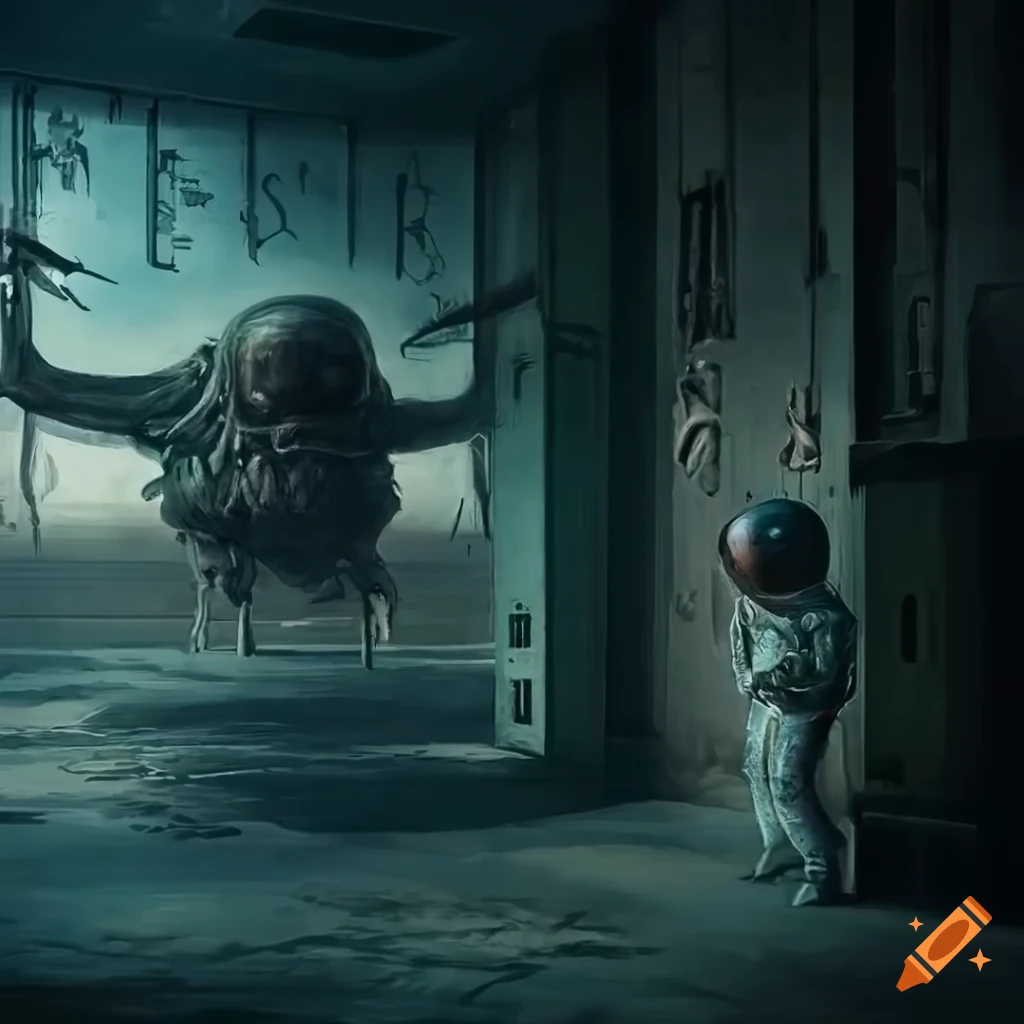 Intricate hyper-realistic ultra-modern haunted airport with astronaut ...