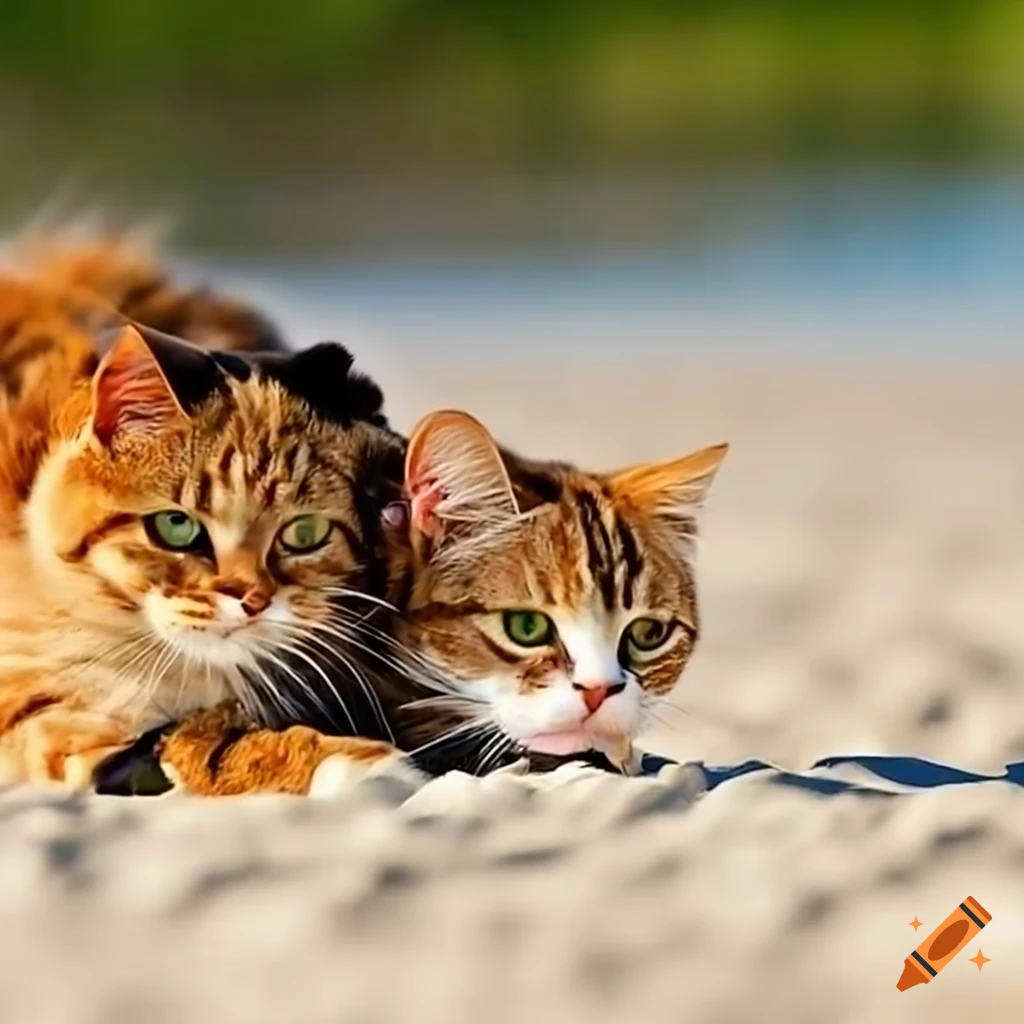 Fluffy cats playing and sunbathing on the sandy beach on Craiyon