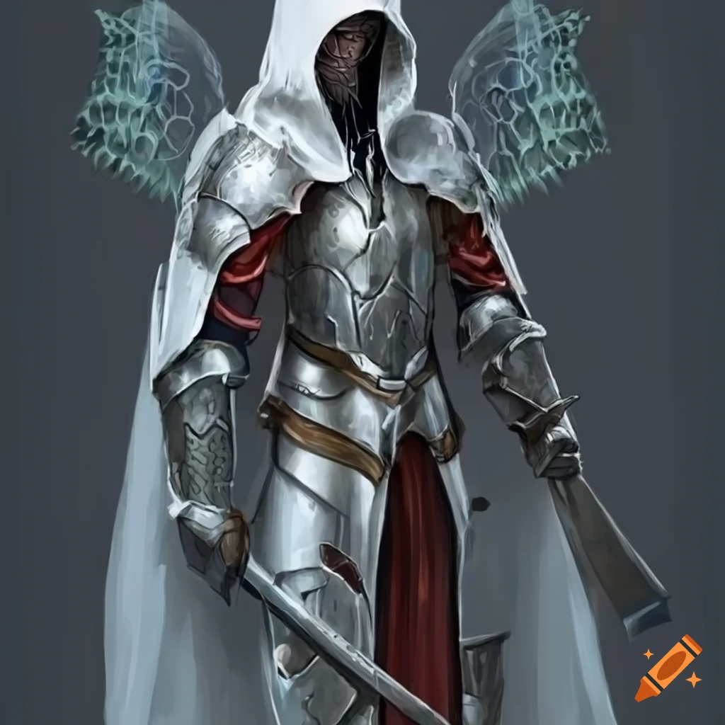 Armored warrior with white hood cloak and butterfly wings on Craiyon