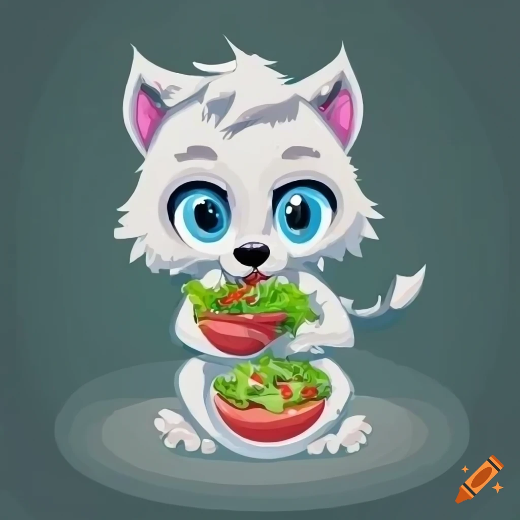 Cute white wolf with blue eyes eating a salad in a cartoon style on Craiyon