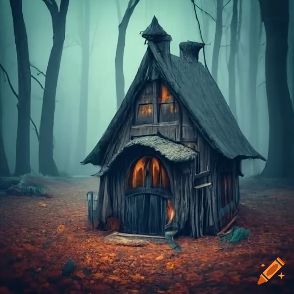 Cozy witch hut in fall forest with pumpkins and fog on Craiyon