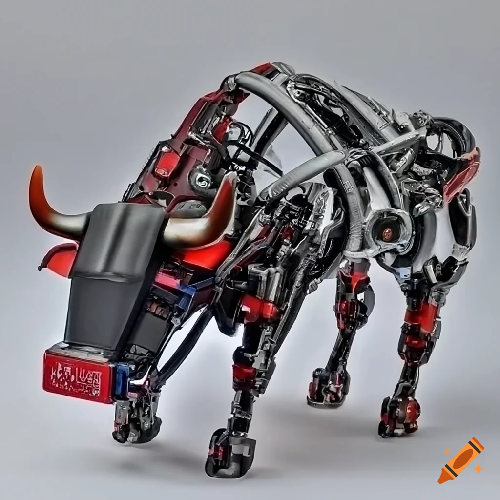 Cybernetic bull in red on a white background on Craiyon
