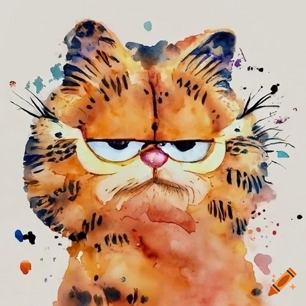 Shattered norwegian garfield in a beautiful watercolor style on Craiyon
