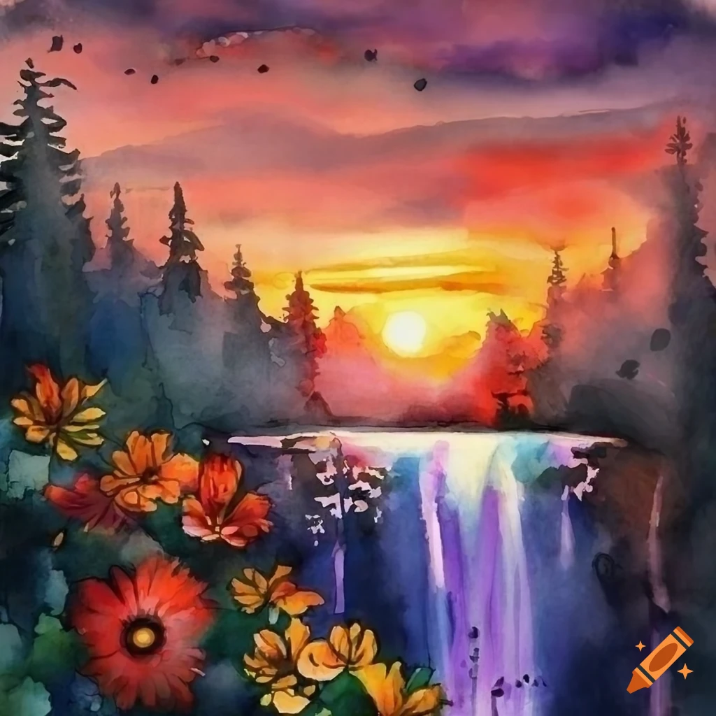 Waterfall at sunset with light rays and colorful flowers by a cabin on ...