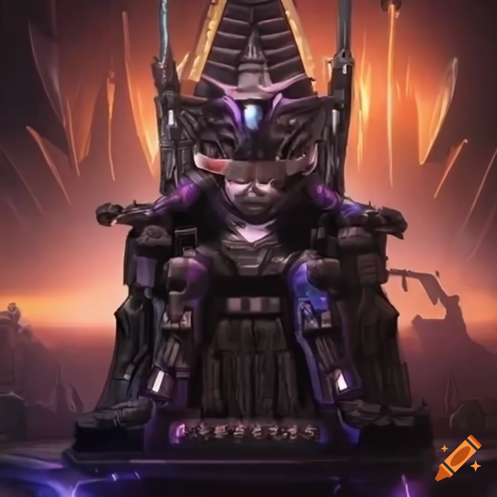 Rabbit-themed futuristic power ranger on a throne of broken zord parts ...