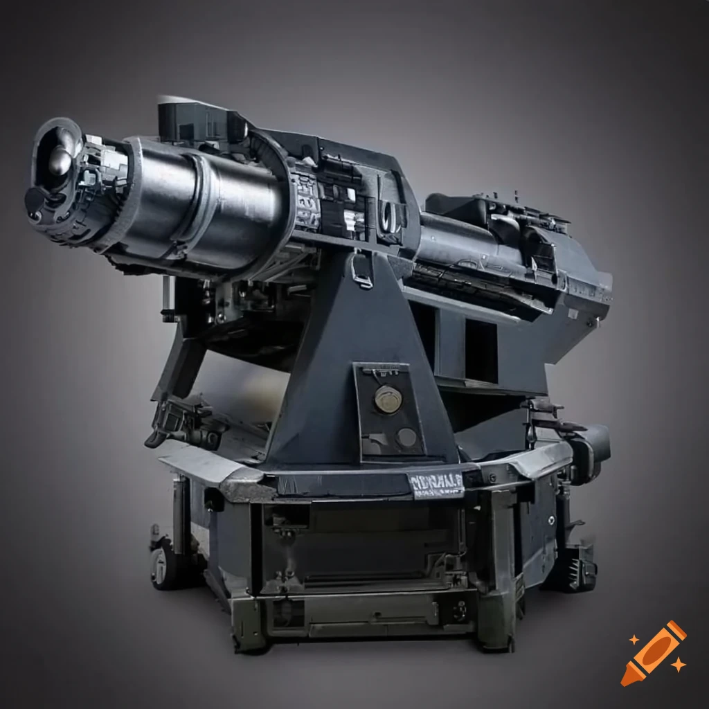 Minigun turret in full view against a plain background on Craiyon