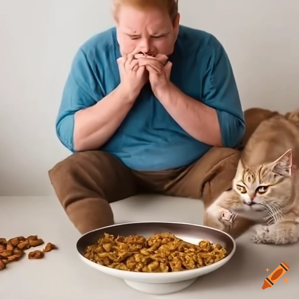 Sad man holding a bowl of cat food next to a fussy cat on Craiyon