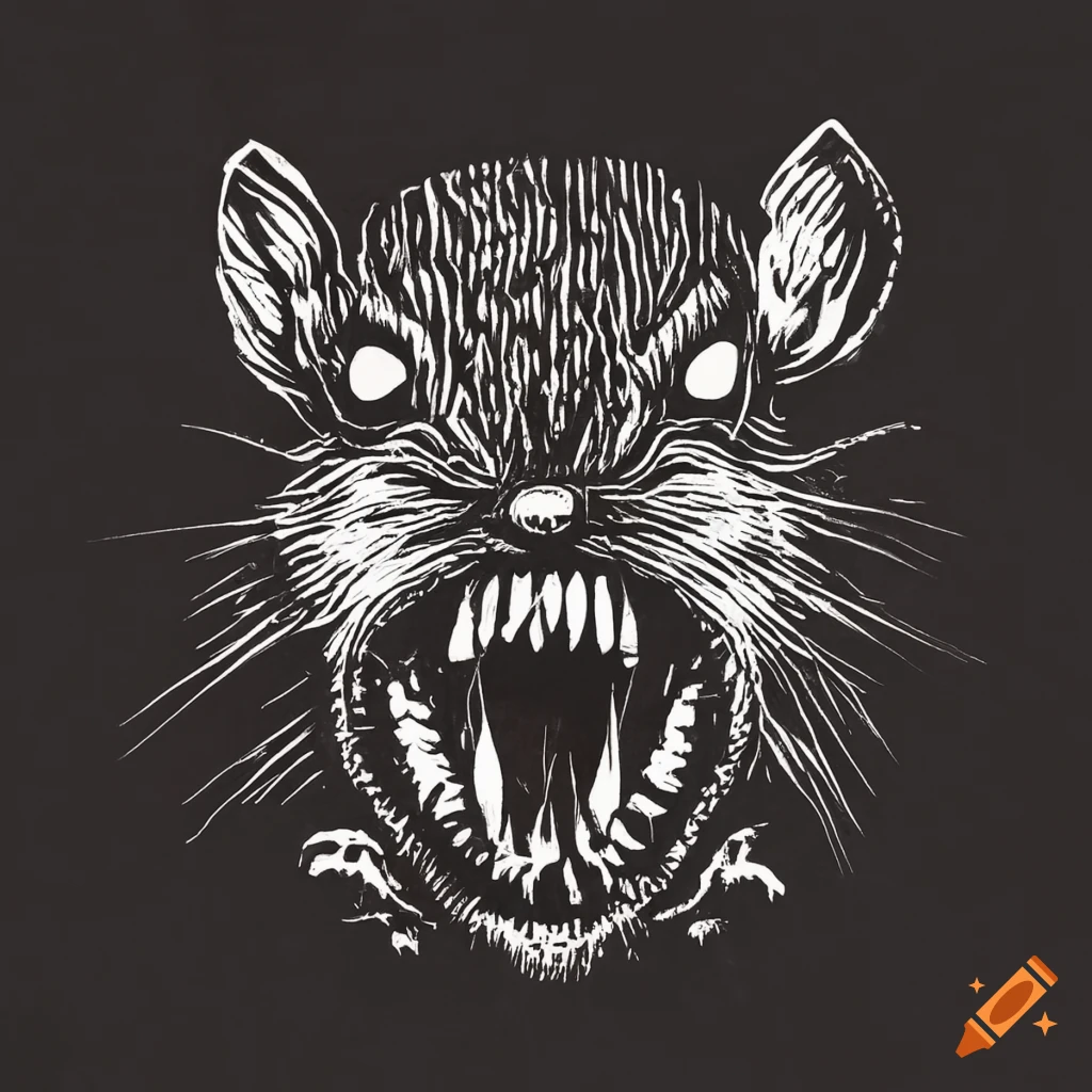 Angry hissing squirrel face in a punk linocut style on Craiyon