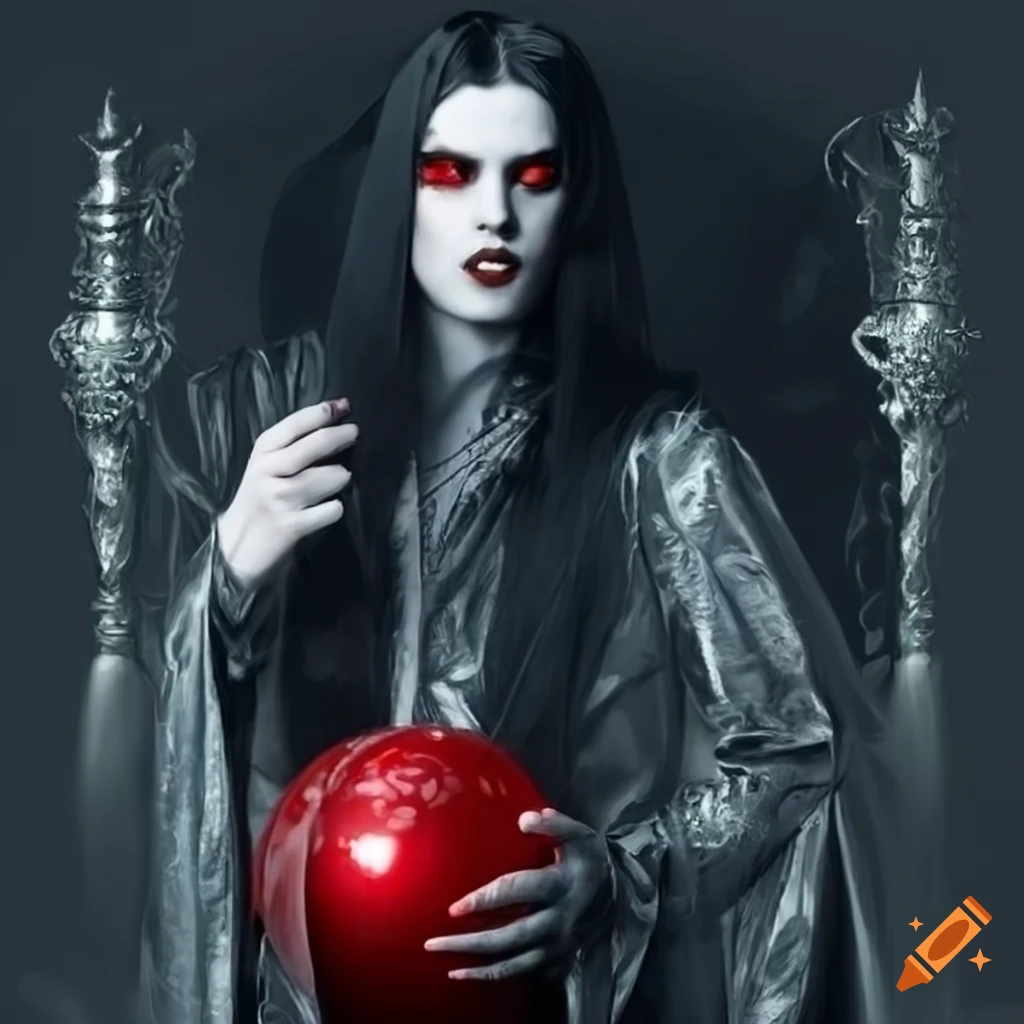 Young handsome vampire in silver robes gazes into a palantir ball on ...