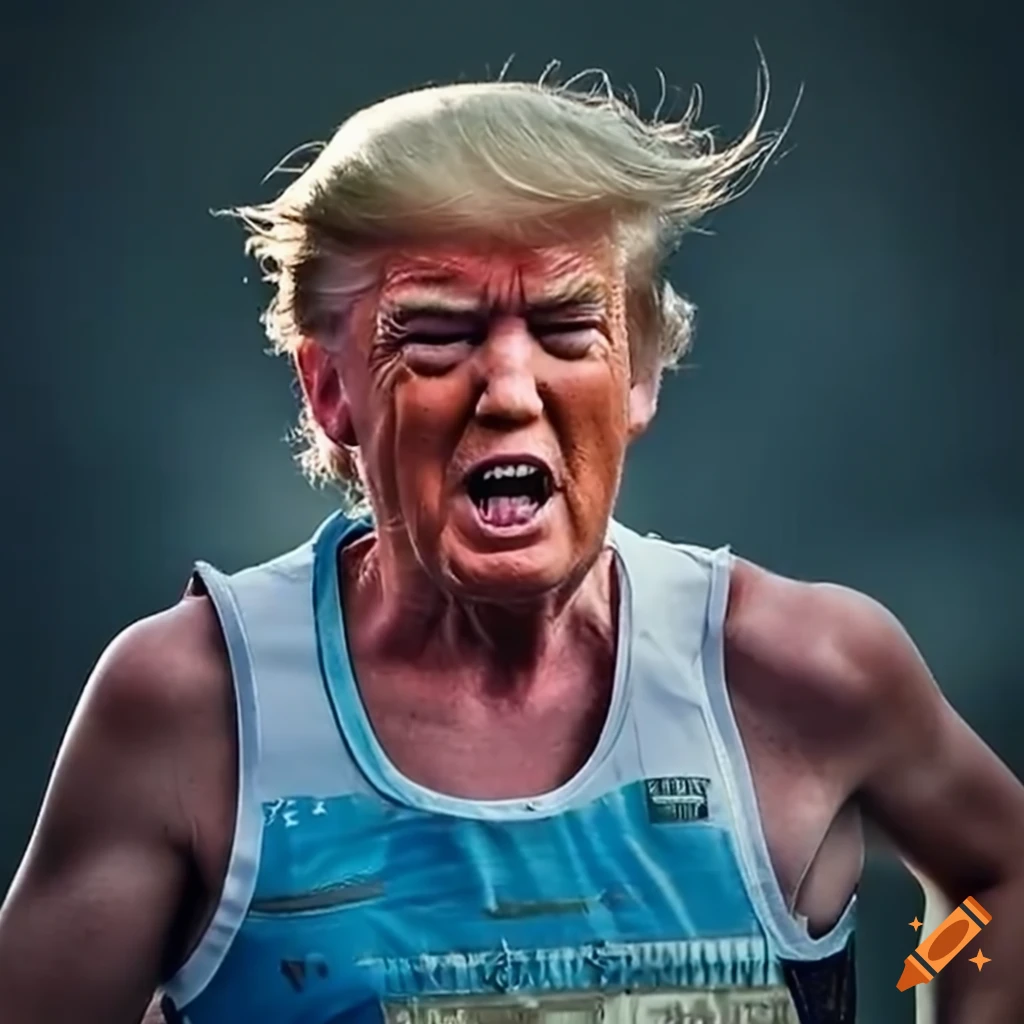 Former president trump running a marathon race in sportswear on Craiyon
