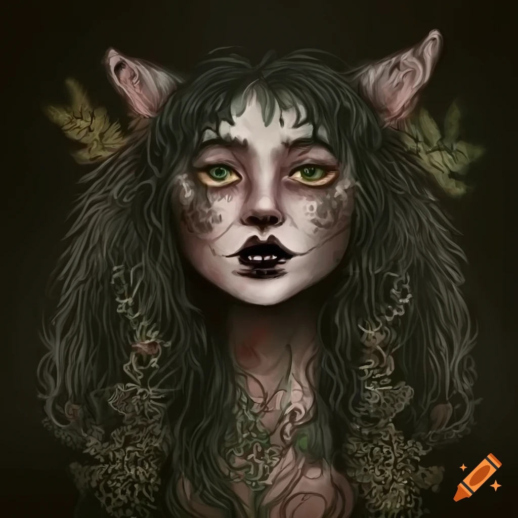 Portrait of intense female werewolf with hair sprouting foliage and ...